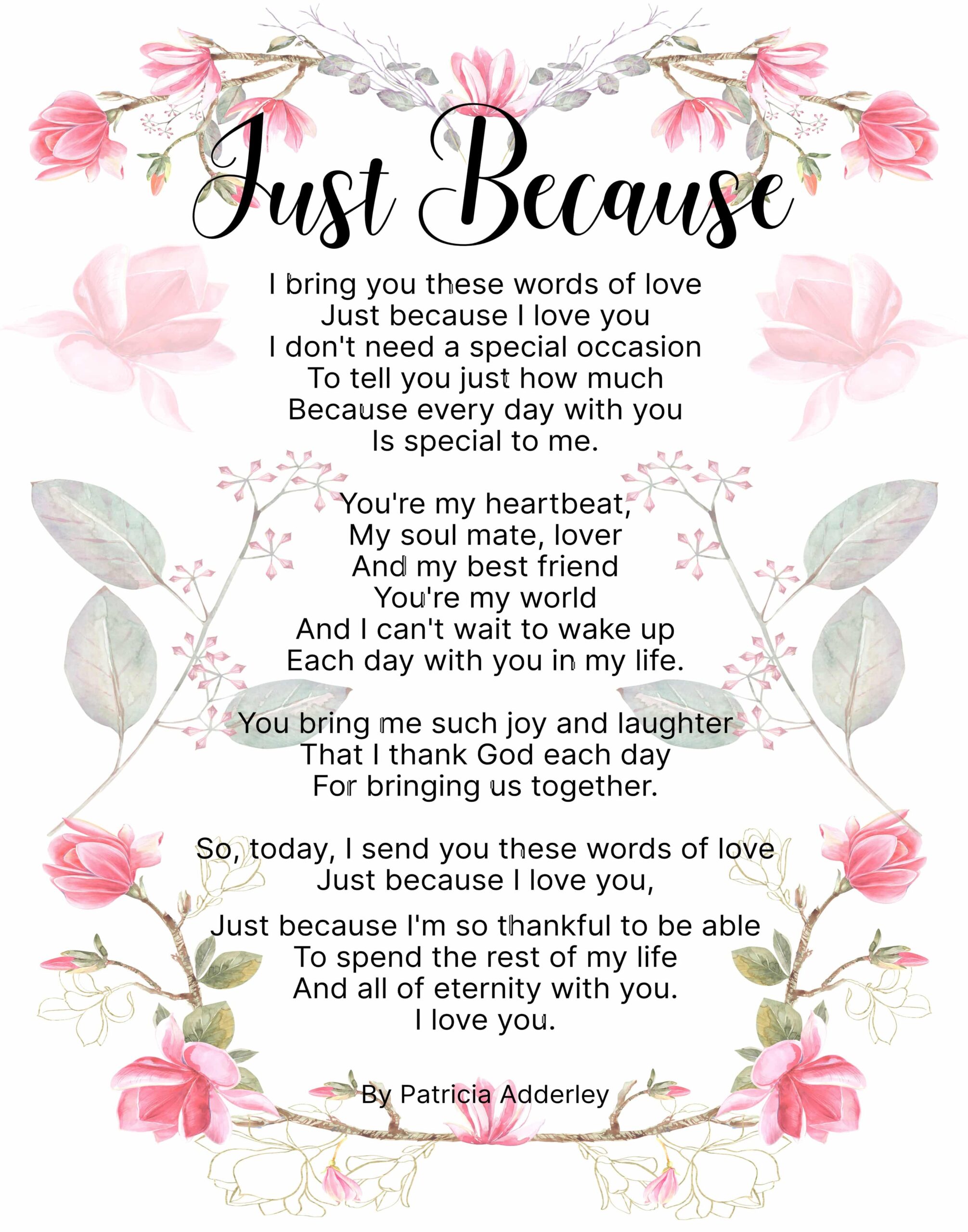 “Just Because” Romantic Love Poem For Spouse Printable Anniversary Card ...